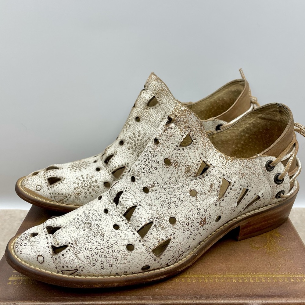 Distressed Ivory Laser Cut Seville Leather Booties - Gem